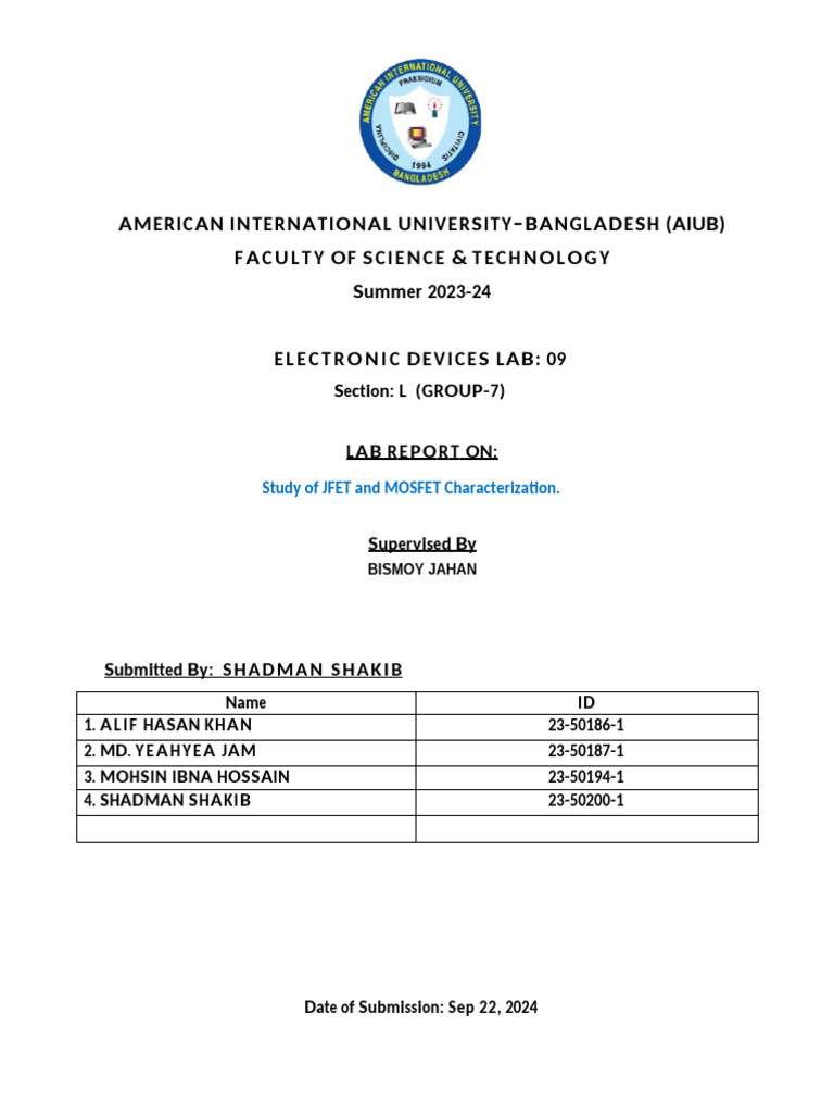 EXP9 - Study of JFET and MOSFET Characterization. | PDF | Field Effect Transistor | Mosfet