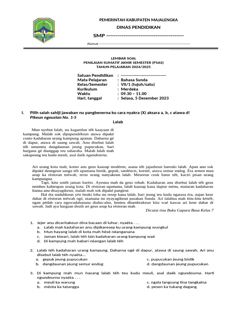 Soal PSAS 7 Bahasa Sunda 2024-2025 | PDF
