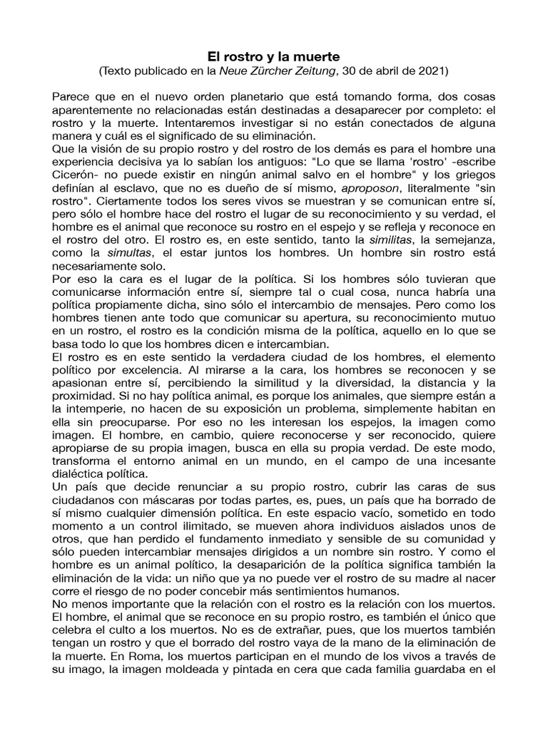 Agamben Giorgio - El Rostro y La Muerte | PDF