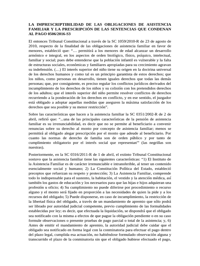 La Imprescriptibilidad de Las Obligaciones de Asistencia Familiar y La Prescripción de Las ...