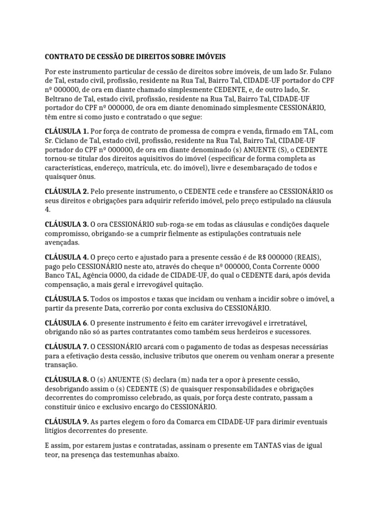 Modelo De Contrato De Cessao De Direitos Sobre Imoveis Pdf Cheque