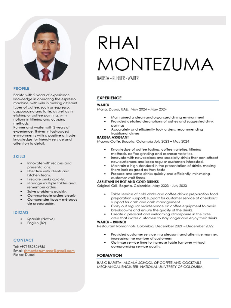 Rhai Montezuma - CV - Hospitality-1 | PDF | Coffee | Waiting Staff