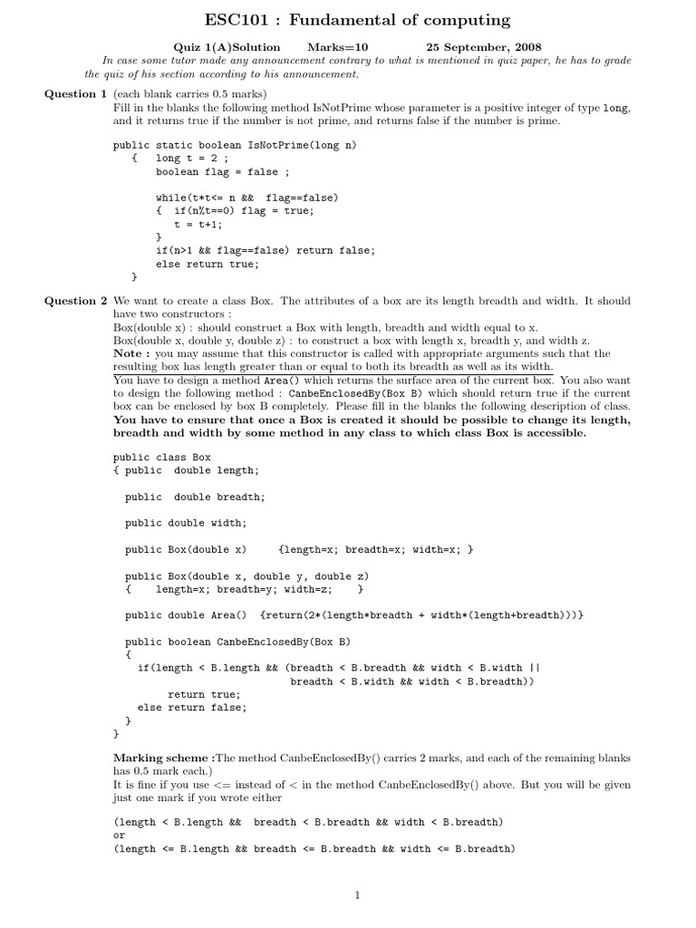 Quiz2a Sol Pdf Boolean Data Type Constructor Object Oriented
