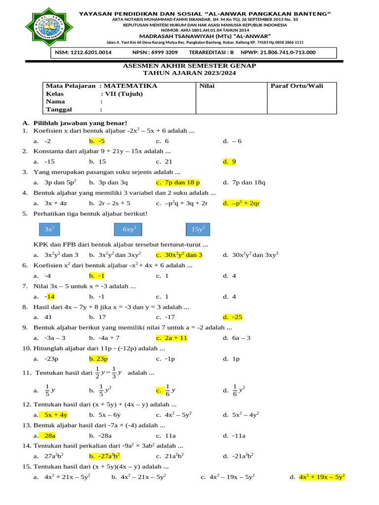 Uas MTK Kelas 7 | PDF