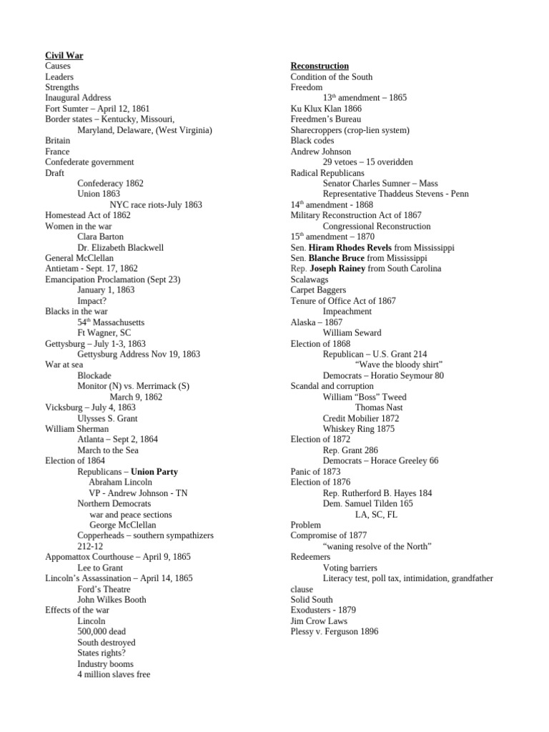 Ap - Civil War Topicoutline 2015 | PDF | Reconstruction Era | American ...