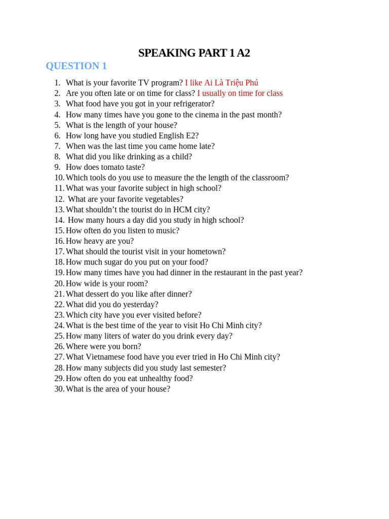 SPEAKING PART 1 A2 | PDF | Foods | Cuisine