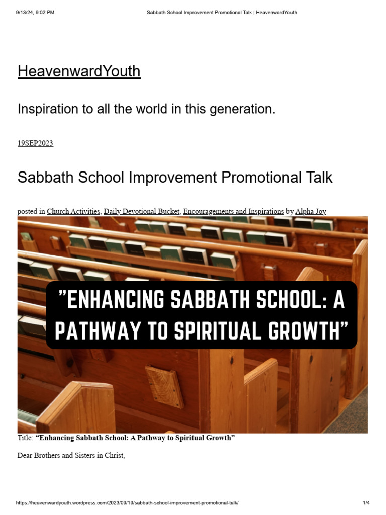Sabbath School Improvement Promotional Talk - HeavenwardYouth - 093149 ...