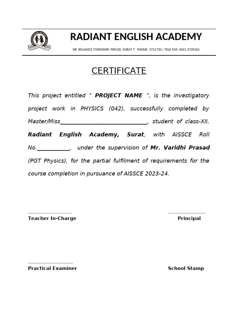 Certificate For PHY Project | PDF