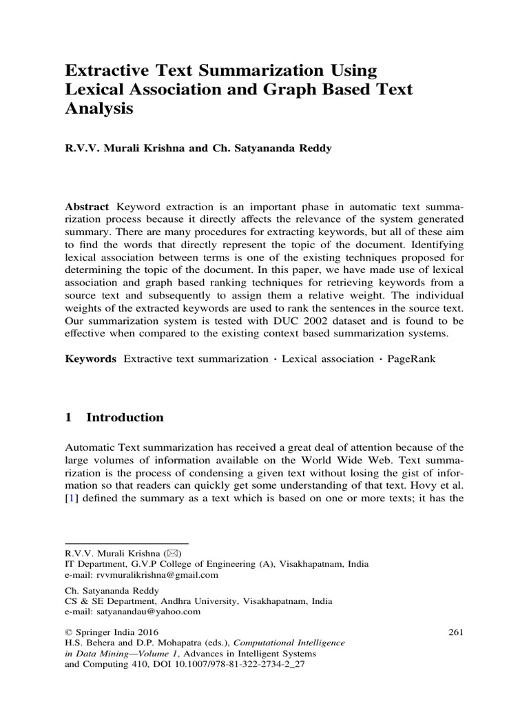 4 Extractive Text Summarization Using Lexical Association And Graph