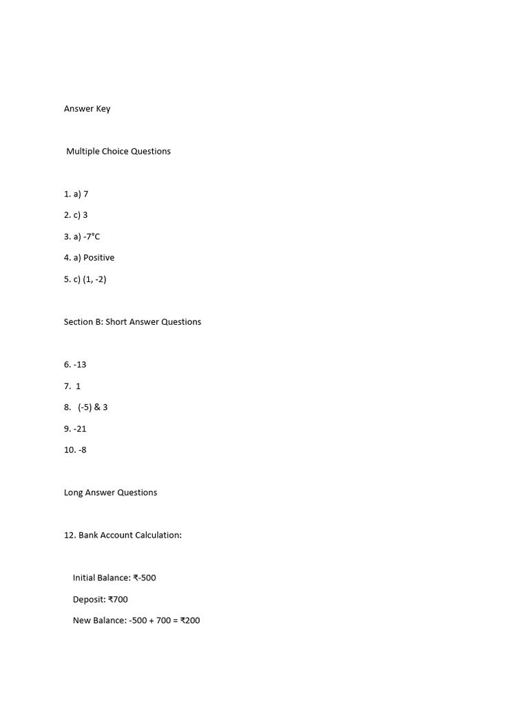 Answer Key Class 7 Maths Integers | PDF | Technology & Engineering