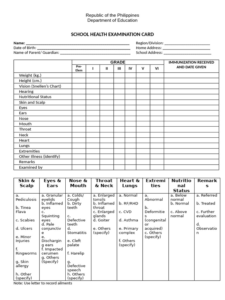 School Health Examination Card | PDF | Dentistry | Medical Specialties