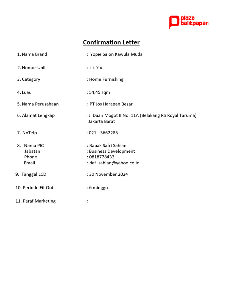 Confirmation Letter Yopie Salon | PDF