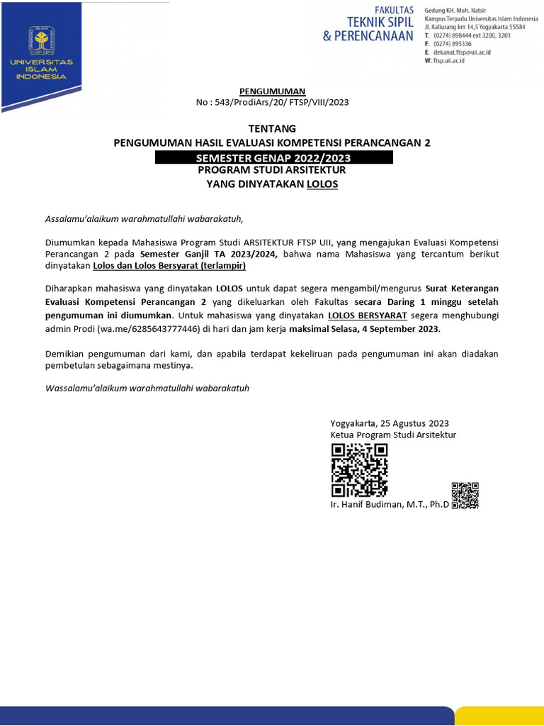 SARS 543 2023-08-25 Pengumuman Hasil Lolos EvaKoper 2 GANJIL TA 2023-2024 Prodi Ars - Lamp | PDF