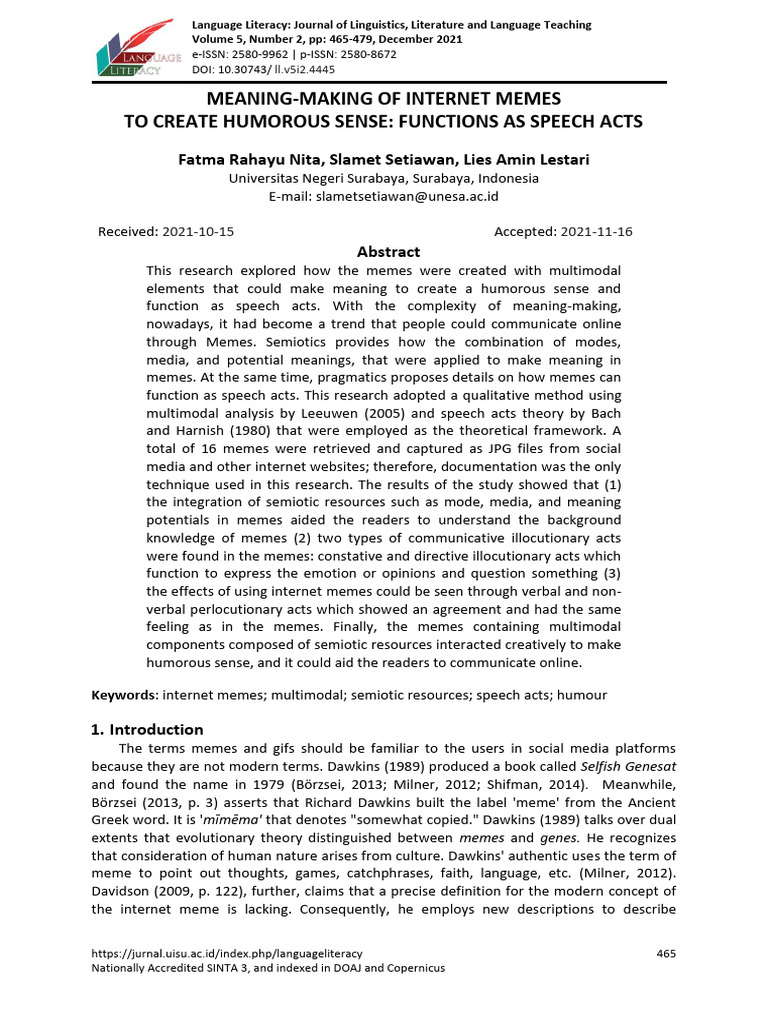 Nita, F., Setiawan, S., & Lestari, L - Meaning-Making of Internet Memes ...