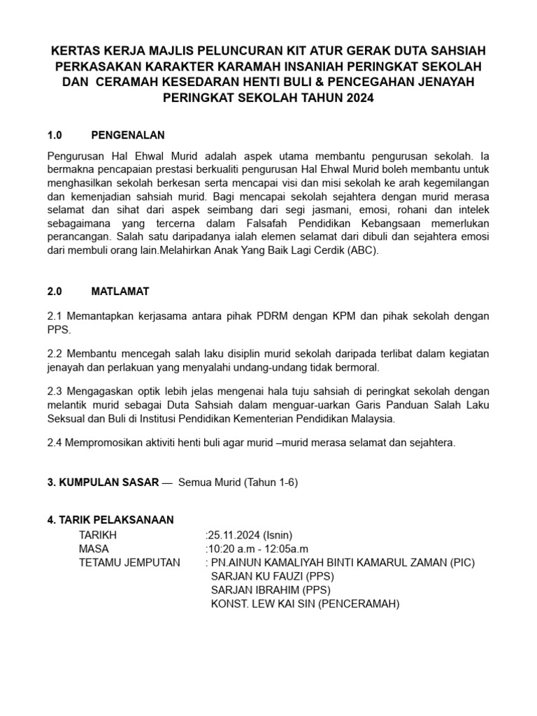 Kertas Kerja Majlis Peluncuran Kit Atur Gerak Duta Sahsiah Perkasakan Karakter Karamah Insaniah ...