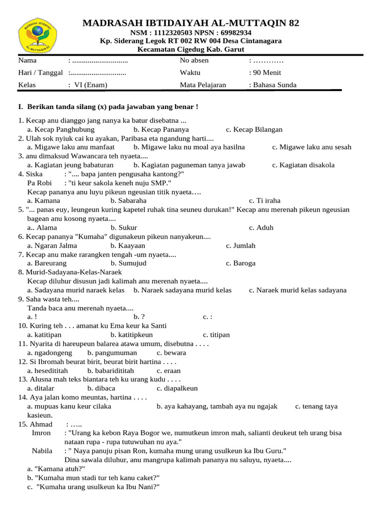 SOAL PAS BAHASA SUNDA Kelas 6.SEMESTER 1 2024-2025 | PDF
