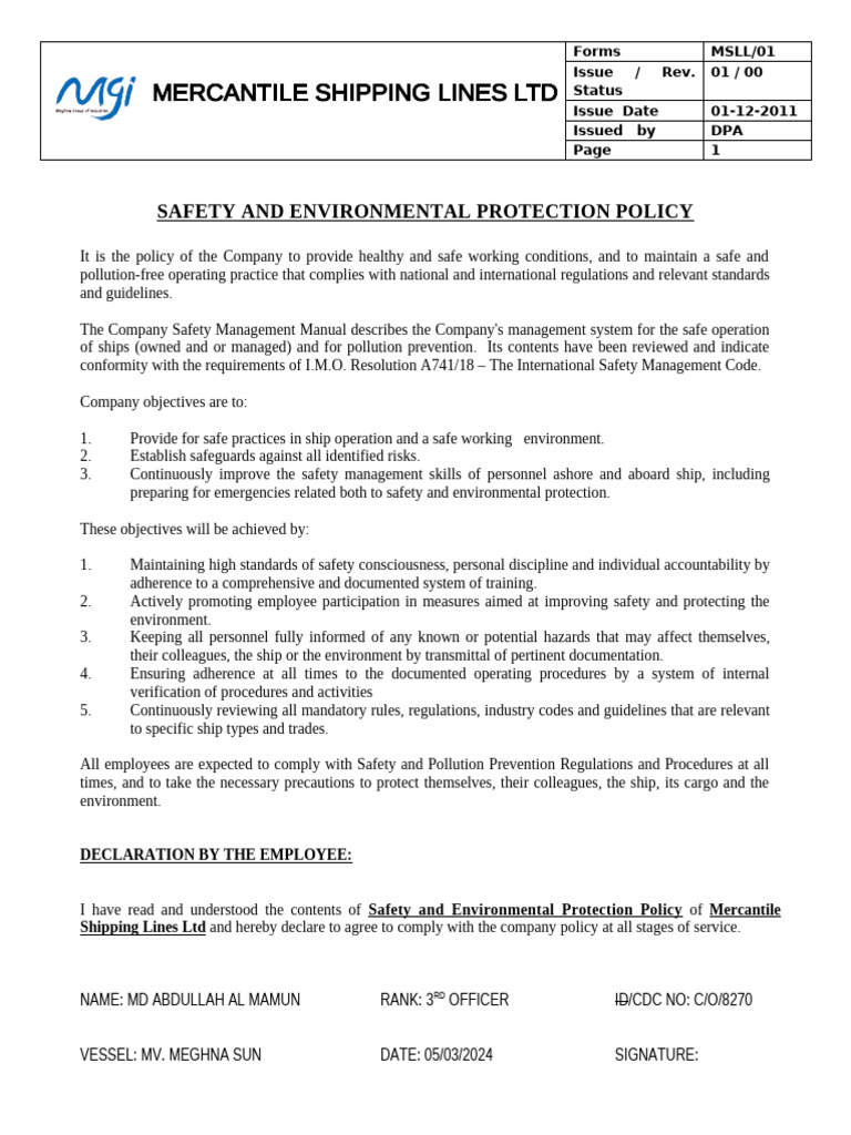 Satety & Environmental Protection Policy | PDF | Safety | Environmental ...