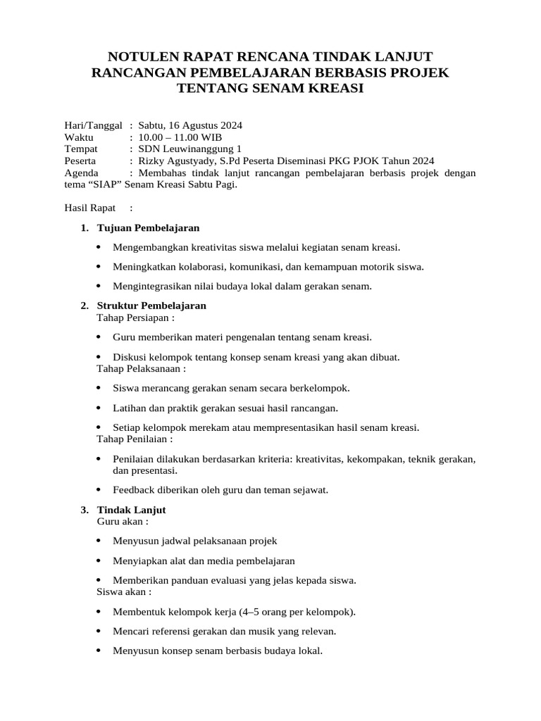 Notulen Rencana Tindak Lanjut PKG PJOK Rizky | PDF