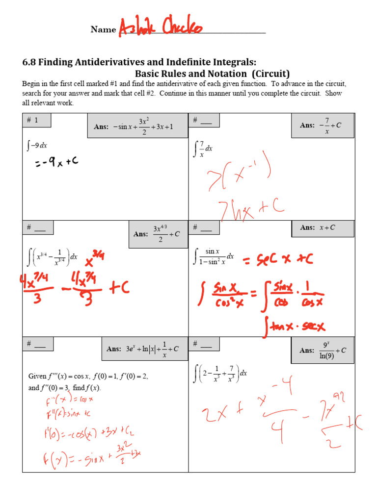 6.8 Practice - Finding Antiderivatives and Indefinite Integrals ...