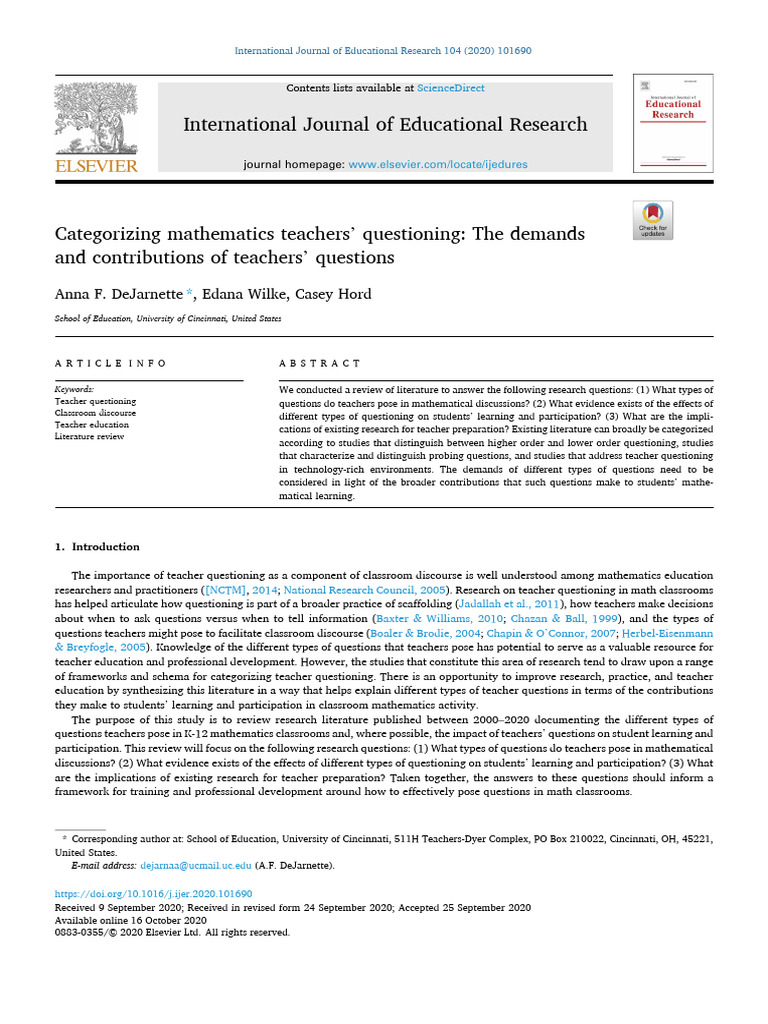 Categorizing Mathematics Teachers' Questioning | PDF | Teachers | Mathematics
