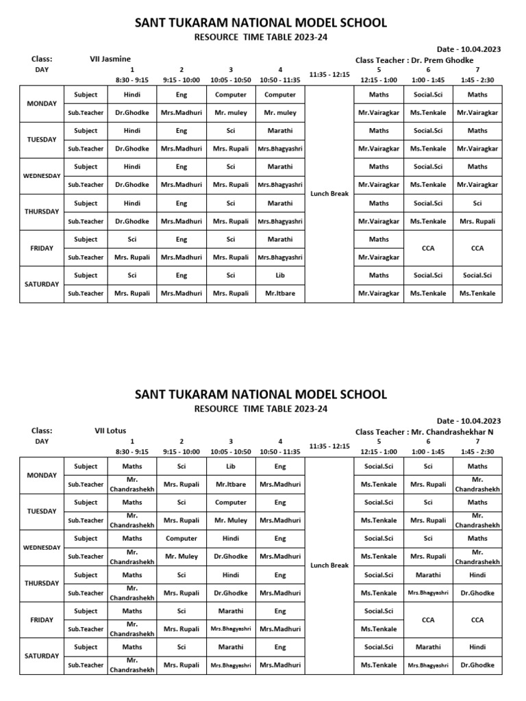 VII Class Time Table. 2023-24 - 1 | PDF