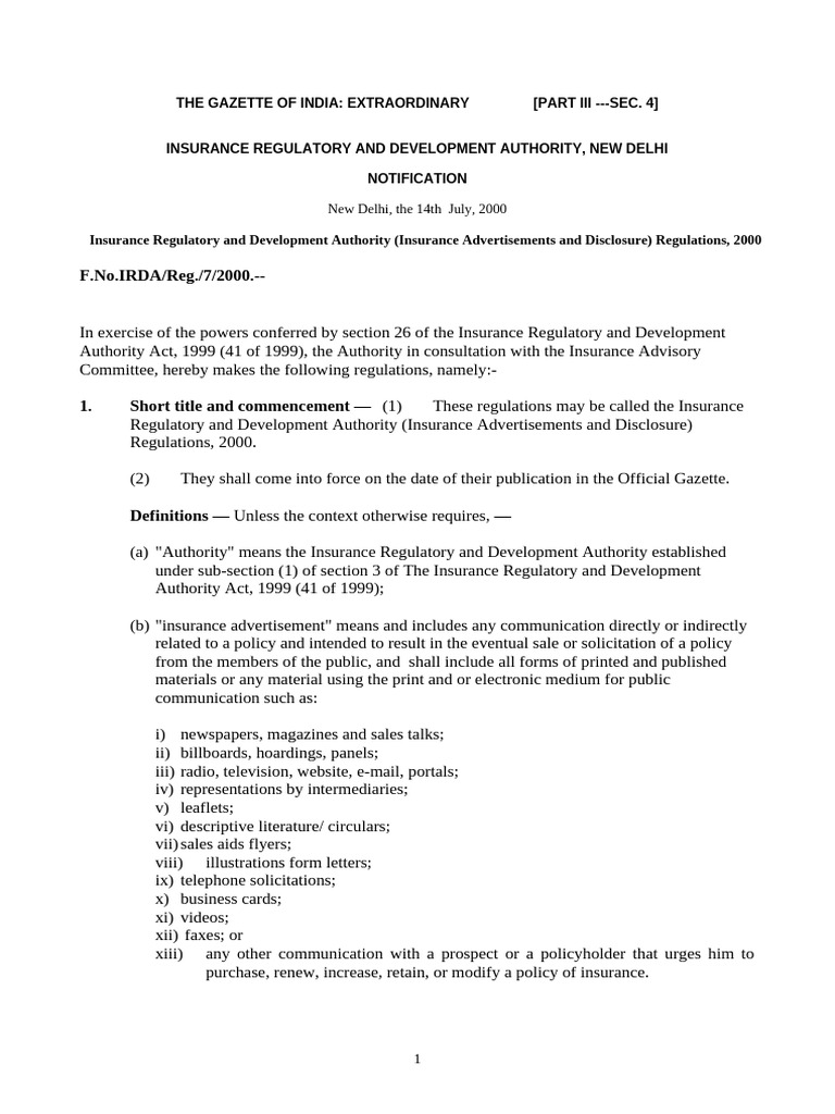 IRDA (Insurance Advertisements and Disclosure) Regulations, 2000 ...