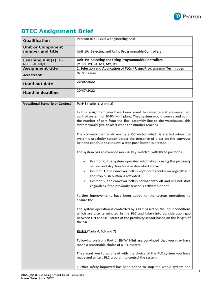 BTEC PLC Assignment 1 Unit 19 2021 22 BTEC Assignment Brief | PDF | Programmable Logic ...