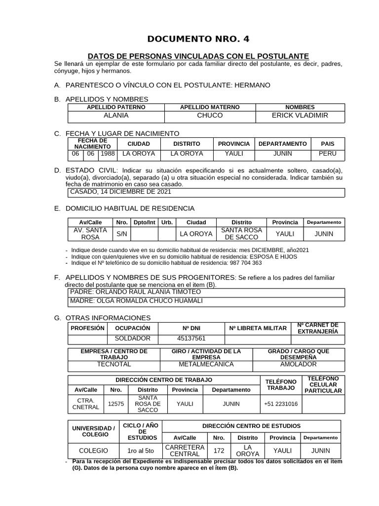 Formato Documento 4 (Hermano) | PDF | Instituciones sociales | Relaciones interpersonales
