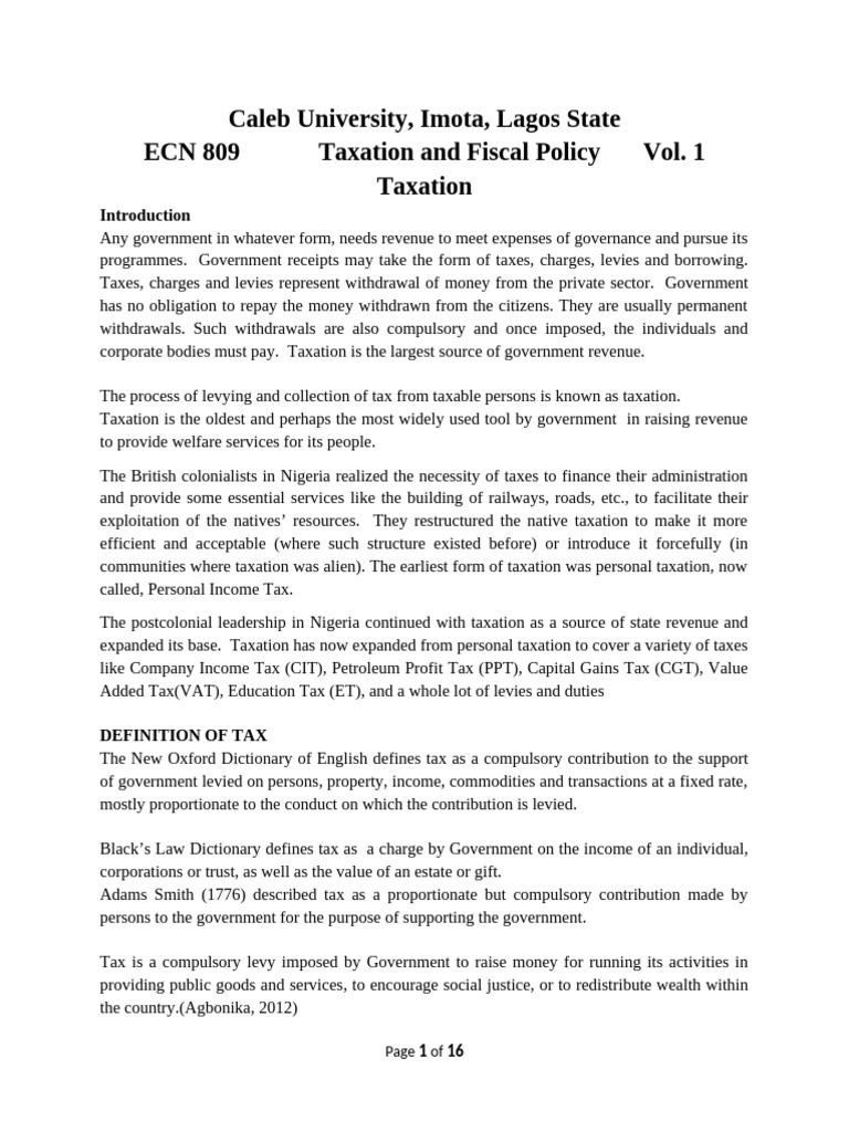 Ecn 809 Tax & Fiscal Policy Lecture 1 | PDF | Taxes | Elasticity ...