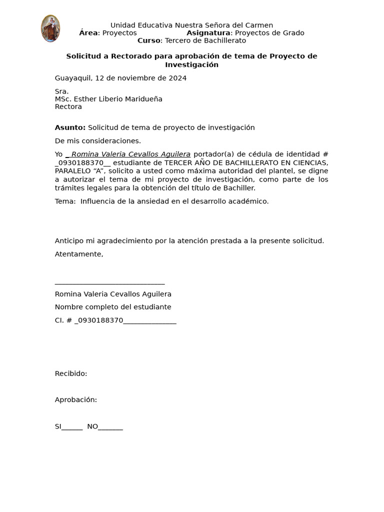 Solicitud A Rectorado para Aprobación de Tema de Proyecto de Investigación | PDF