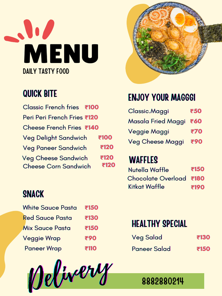 Yellow Playful Tasty Food Menu A3 | PDF | Milkshake | Drink