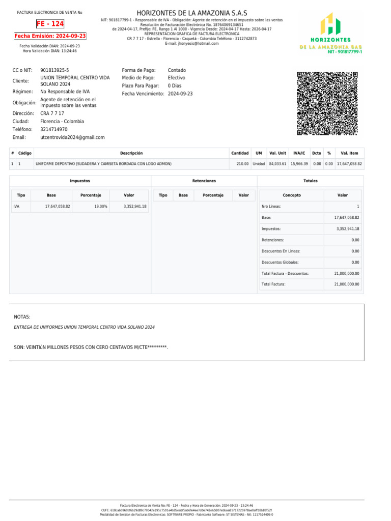 Factura Electrónica FE-124 - Venta Uniformes | PDF | Factura | Pagos