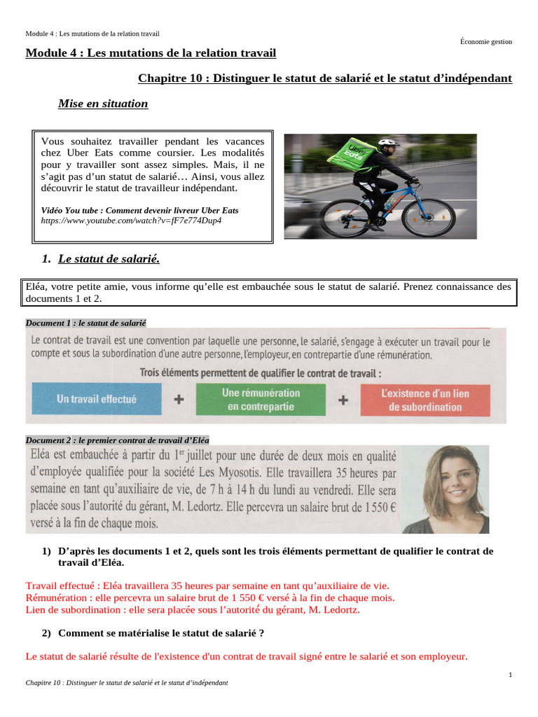 Chap 10 Distinguer Le Statut Du Salarié Et Le Statut d' Indépendant ...