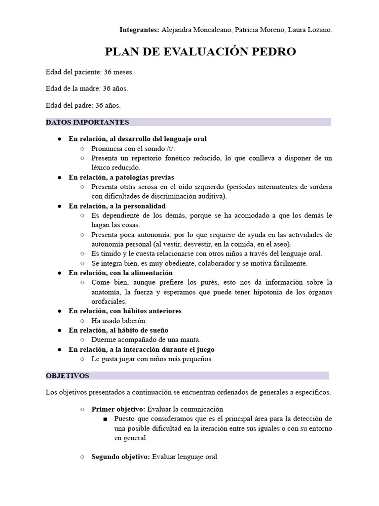 Plan de Evaluación Pedro | PDF | Cognición | Ciencia cognitiva