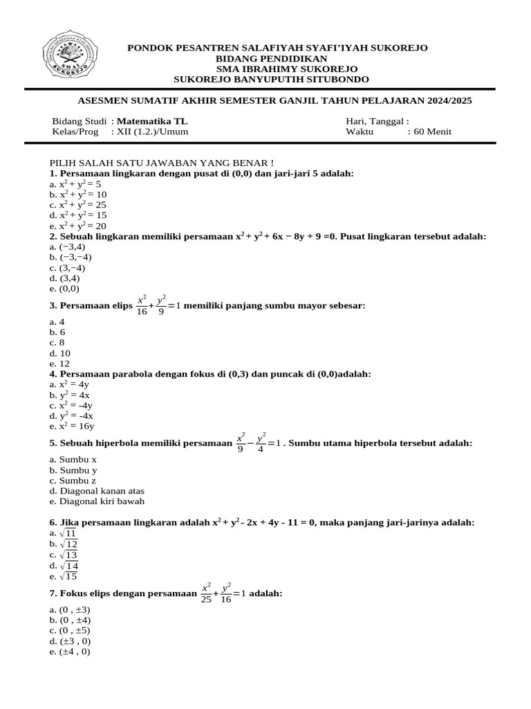 SOAL ASAS MTK TL GANJIL Kelas XII Semester 1 | PDF