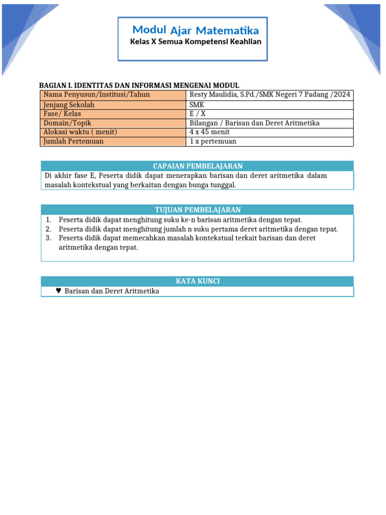 Modul Ajar Matematika Kelas X Resty | PDF