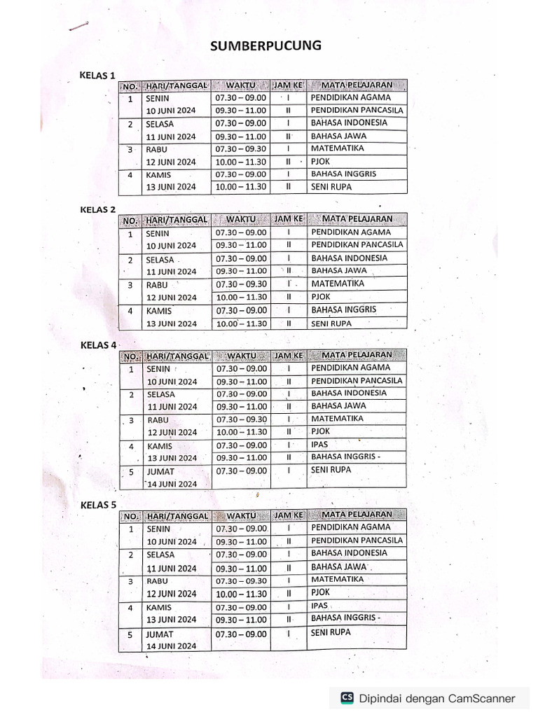 Jadwal Pat KLS 1 SD 5 TH 2023-2024 | PDF