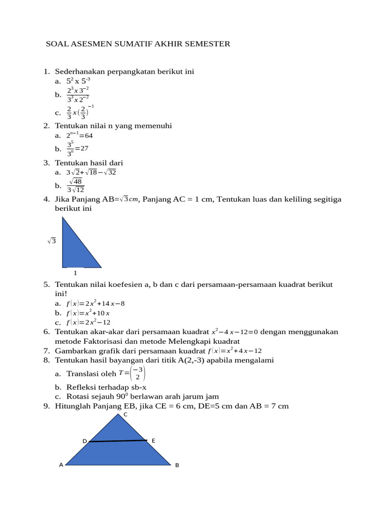 Soal Asesmen Sumatif Akhir Semester MTK KLS Ix | PDF