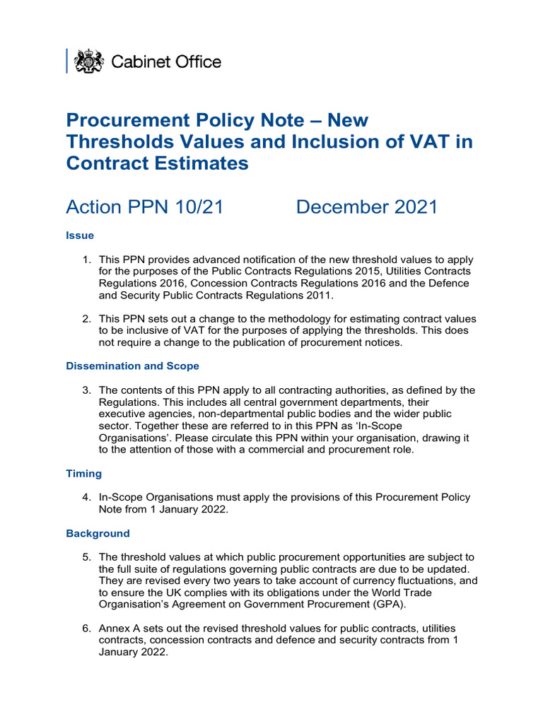 Procurement Policy Note 10 21 - New Thresholds Values and Inclusion of ...