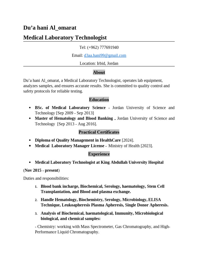 Du'a Hani Al - Omarat - Medical Lab Technologist | PDF | Medical ...