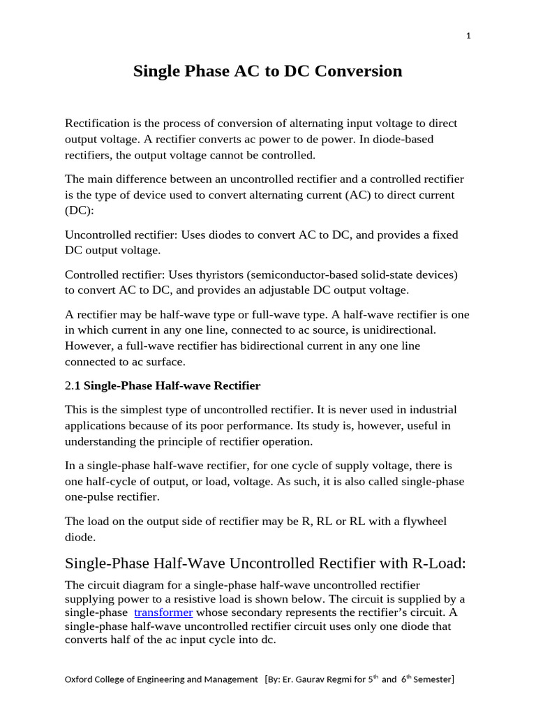 2.1Single Phase AC to DC Conversion | PDF | Rectifier | Electrical Engineering