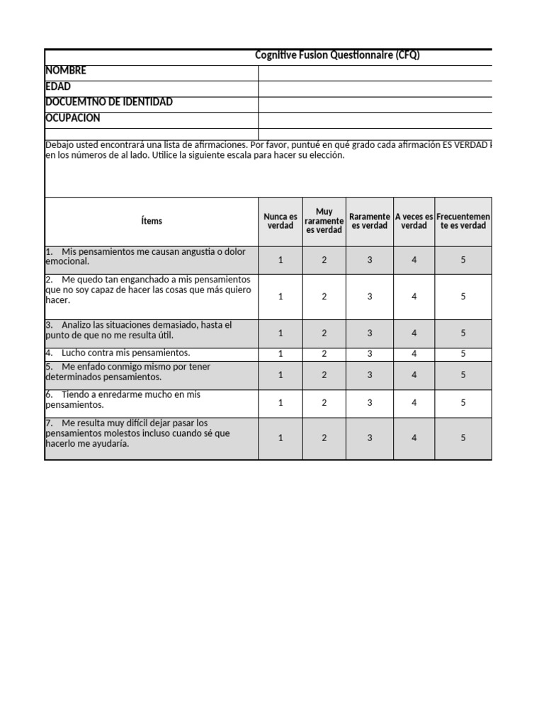 Cuestionario de Fusión Cognitiva | PDF | Sicología