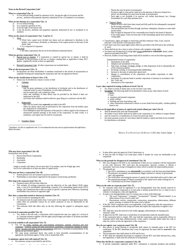 Notes On The Revised Corporation Code | PDF | Board Of Directors | Stocks