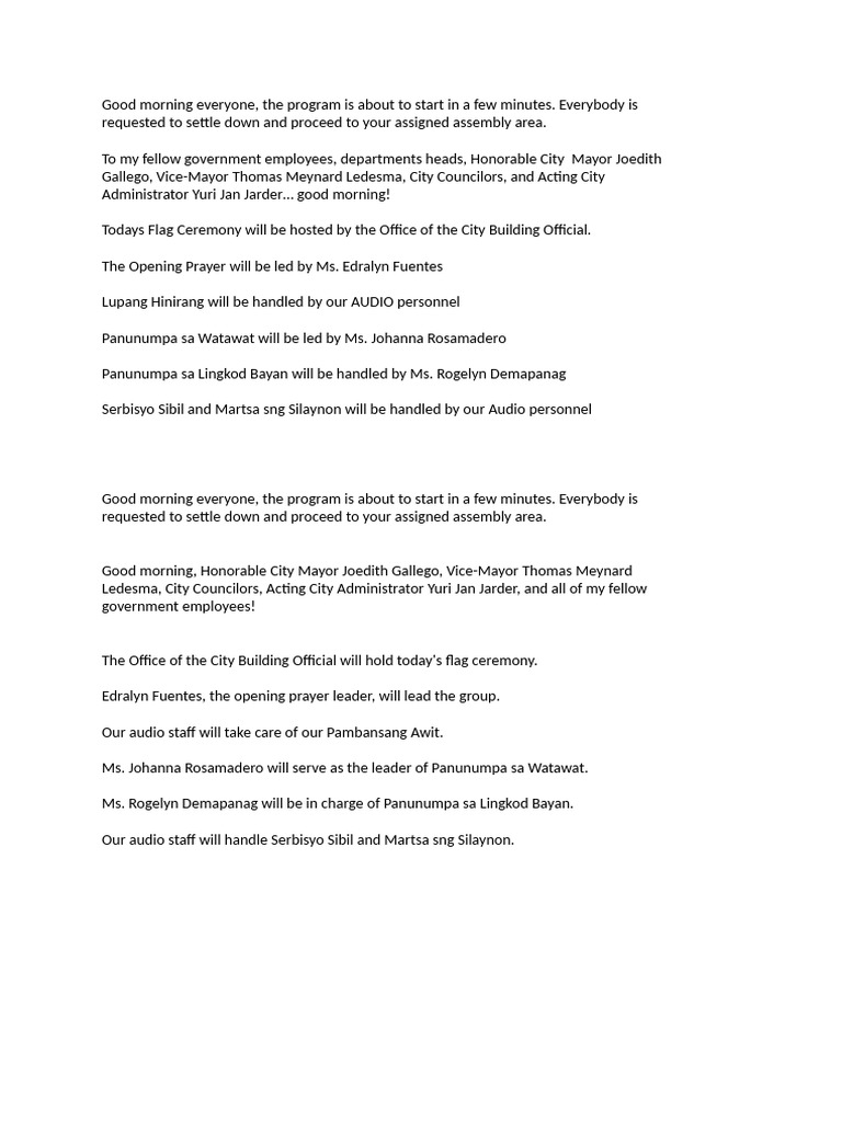 Flag Ceremony Script | PDF | Politics | Social Science