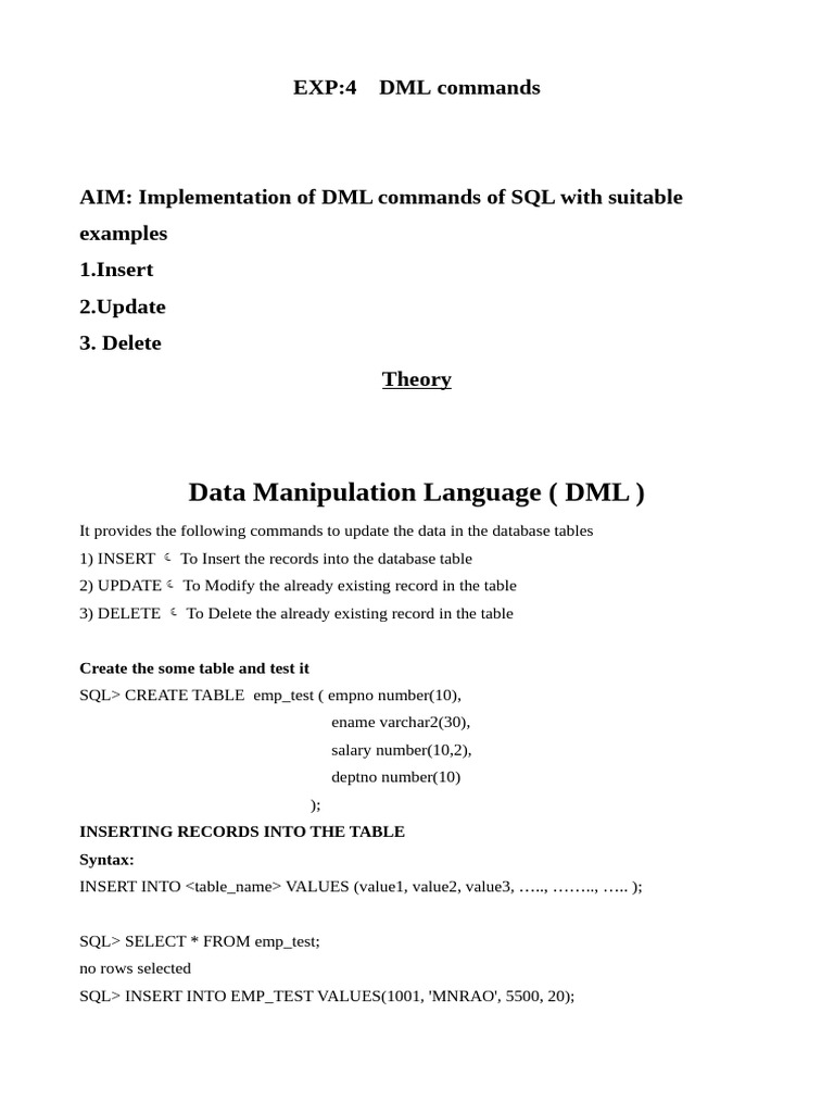 Dml Commands Exp 5 | PDF | Table (Database) | Computer Programming Dml Commands Exp 5 | PDF | Table (Database) | Computer Programming