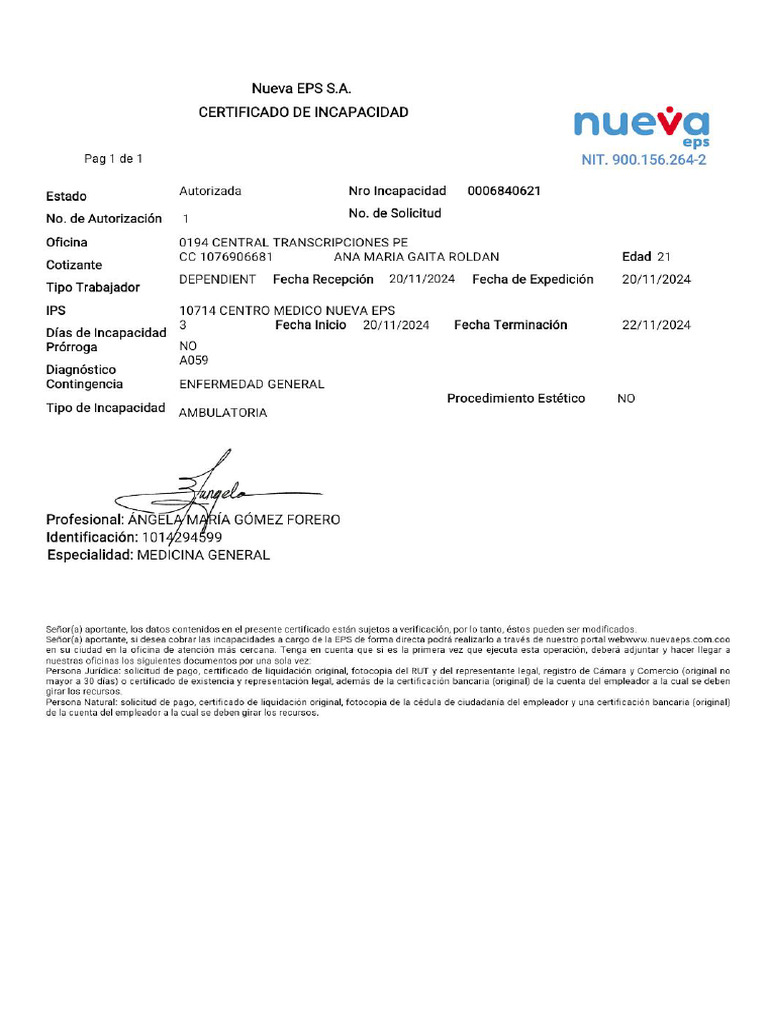 Nueva Eps S.A 2024-11-20 Ana Maria Gaita Roldan | PDF