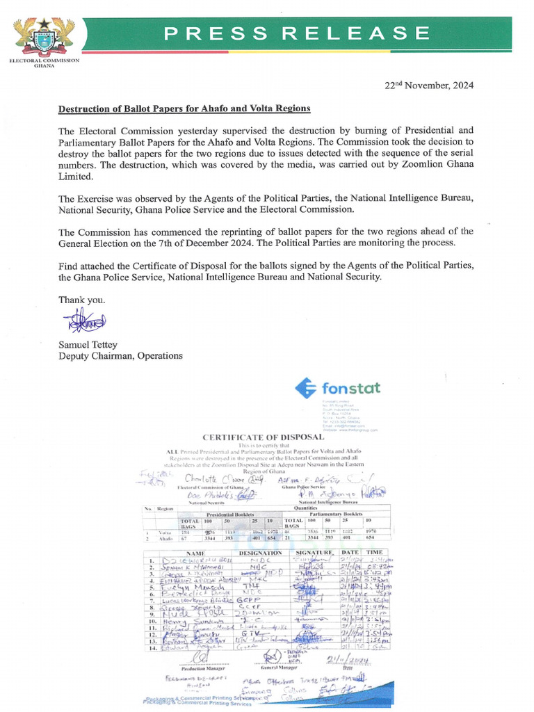 Press Release - Destruction of Ballot Papers For Ahafo and Volta ...