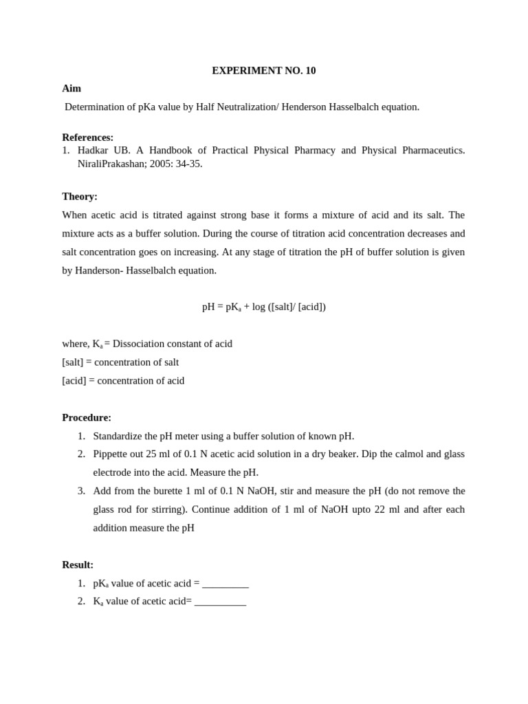 Determination of Pka Value by Half Neutralization Henderson Hasselbalch ...