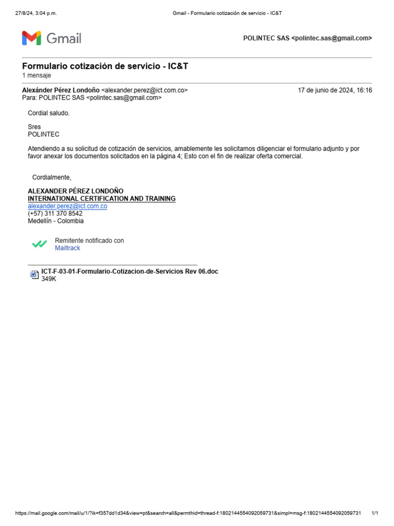 Gmail - Formulario Cotización de Servicio - IC&T | PDF | Informática