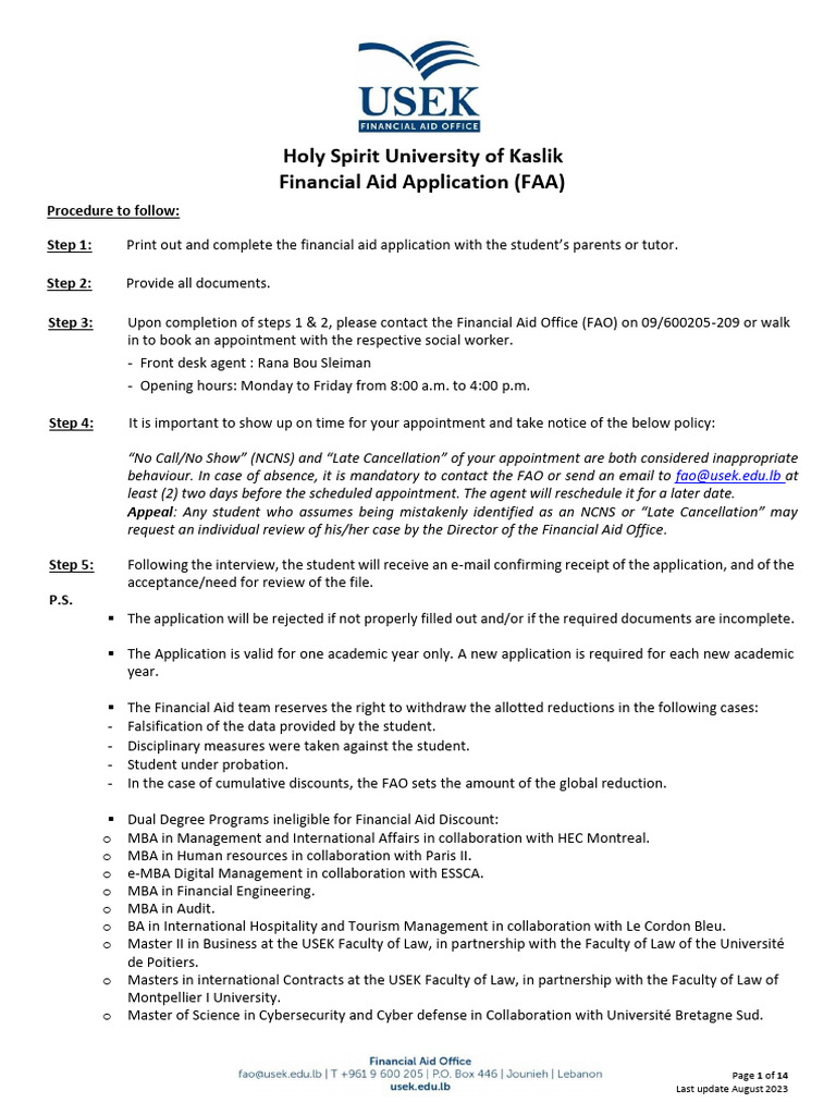 USEK Financial Aid Application Guide | PDF | Lease | Salary
